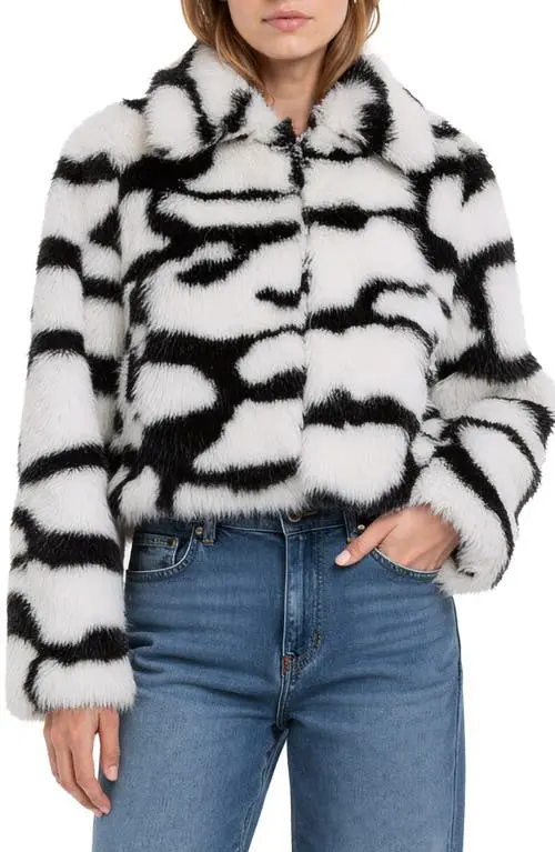 ALL IN FAVOR Abstract Print Faux Fur Jacket - Black Off/white