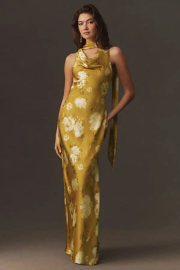Bhldn Satin Cowled Scarf-neck Maxi Dress