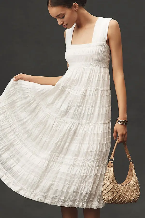 Anthropologie Helena Square-neck Smocked Tiered Midi Dress - White