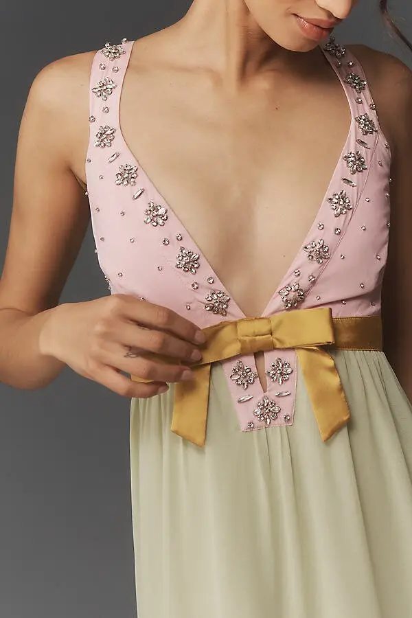 maeve tiered maxi dress Maeve Embellished Deep-V Tiered Ruffle Maxi Dress In Blush/Mint - 30% Off