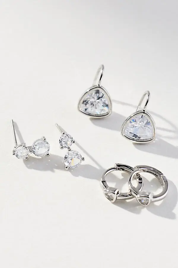 Anthropologie Shaped Crystal Earrings Set Of 3 - Silver