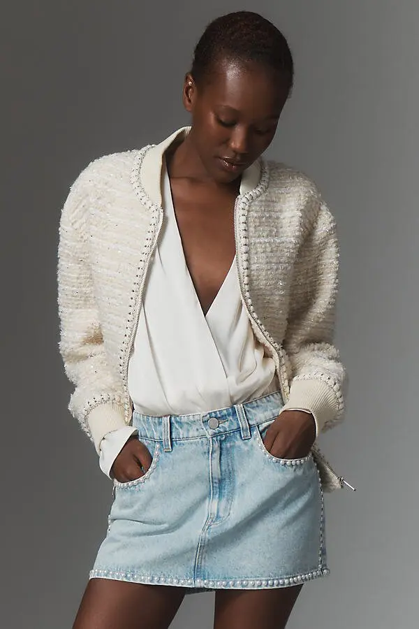 Endless Rose Wool Blend Tweed Bomber Jacket - Ivory