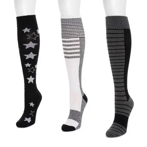 MUK LUKS Cotton Rib Compression Knee-high Socks 3-pair Pack - Ebony