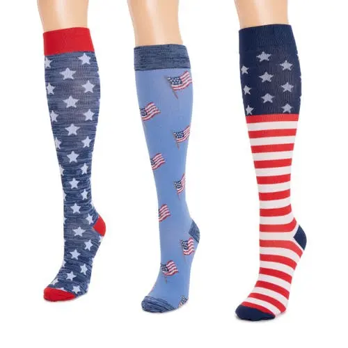 MUK LUKS Tall Compression Socks 3-pair Pack - Red/white/blue