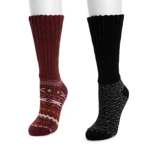 MUK LUKS Slouch Heat Retainer Crew Socks 2-pair Pack - Cranberry/black
