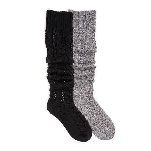 MUK LUKS Slouch Knit Cable Socks 2 Pair Pack - Ebony/ebony Marl