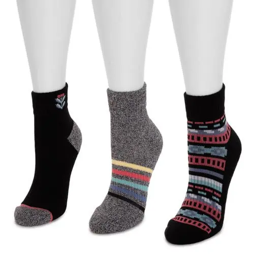 MUK LUKS Cotton Compression Quarter Crew Socks 3-pair Pack - Ebony Multi
