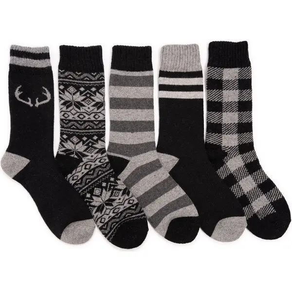 MUK LUKS Wool Blend Crew Socks 5-pair Pack - Ebony/grey