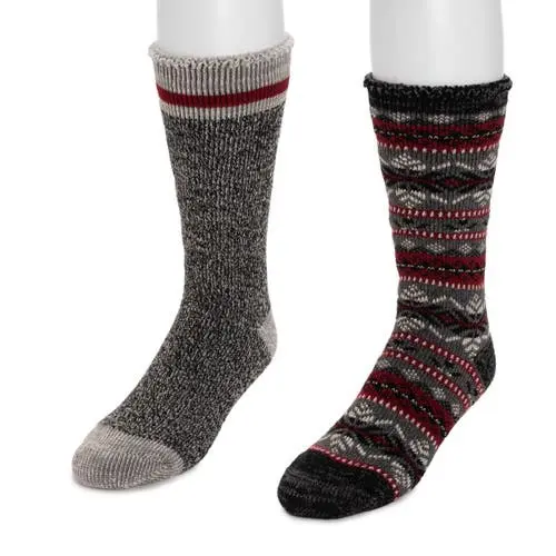 MUK LUKS Heat Retainer Crew Socks 2-pair Pack - Candy Apple/black