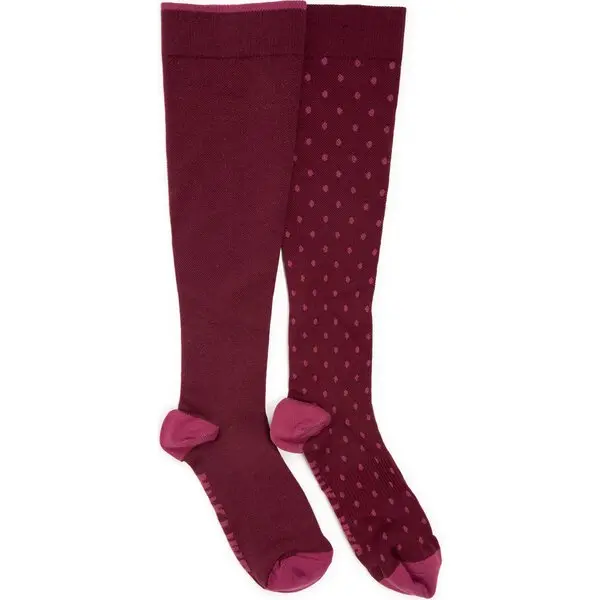 MUK LUKS Nylon Blend Compression Knee High Socks 2 Pair Pack Wide Size - Burgundy