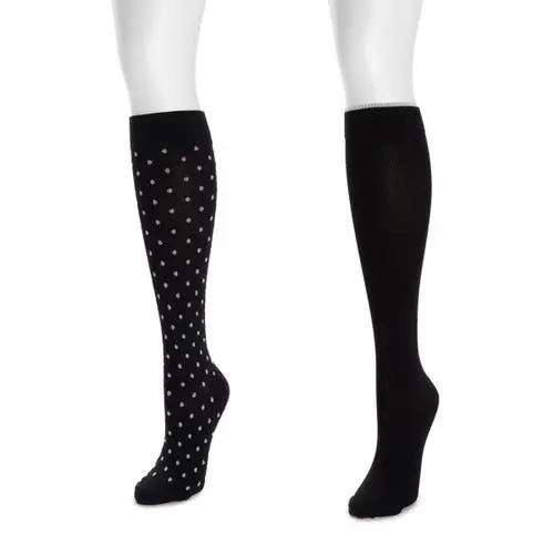 MUK LUKS Nylon Blend Compression Knee High Socks 2 Pair Pack Wide Size - Ebony/dot