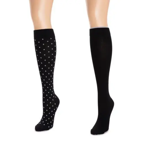 MUK LUKS Nylon Blend Compression Knee High Socks 2 Pair Pack Wide Size - Ebony/dot