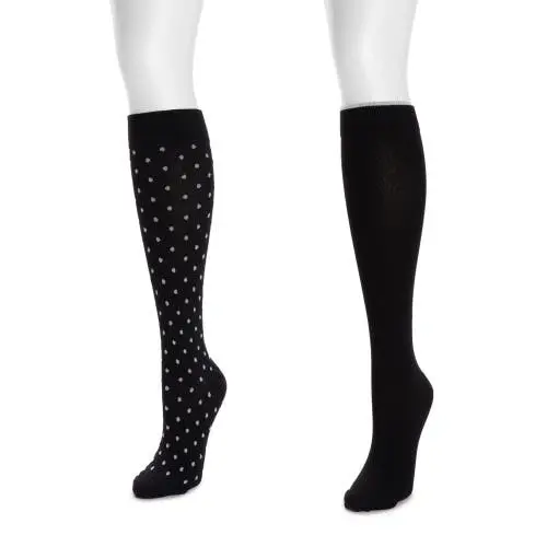 MUK LUKS Nylon Blend Compression Knee High Socks 2 Pair Pack Wide Size - Ebony/dot