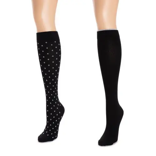 MUK LUKS Nylon Blend Compression Knee High Socks 2 Pair Pack Wide Size - Ebony/dot