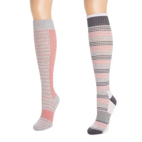 MUK LUKS Cotton Compression Knee-high Socks 2-pair Pack - Grey/pink
