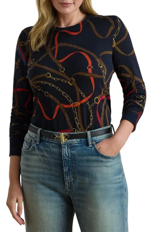 Ralph Lauren Belting Print Cotton Blend Sweater - Navy Multi