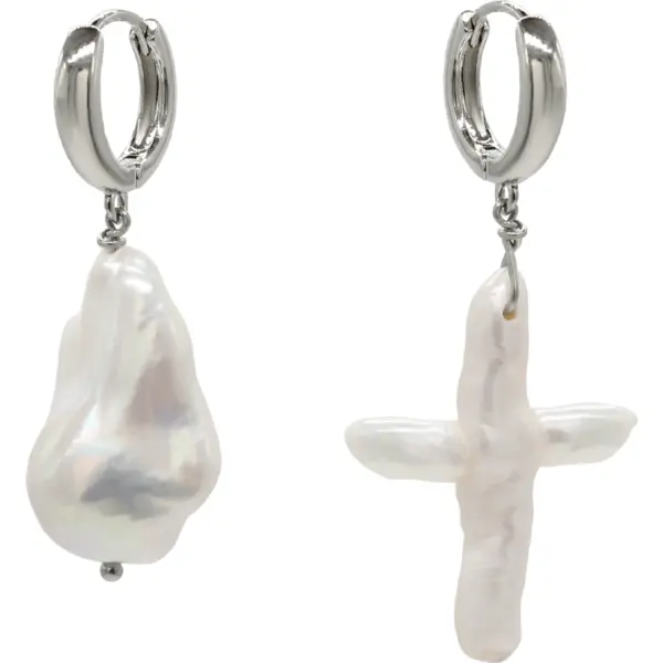 VELVET LUNA Irregular Baroque Pearl Drop Earrings - Silver