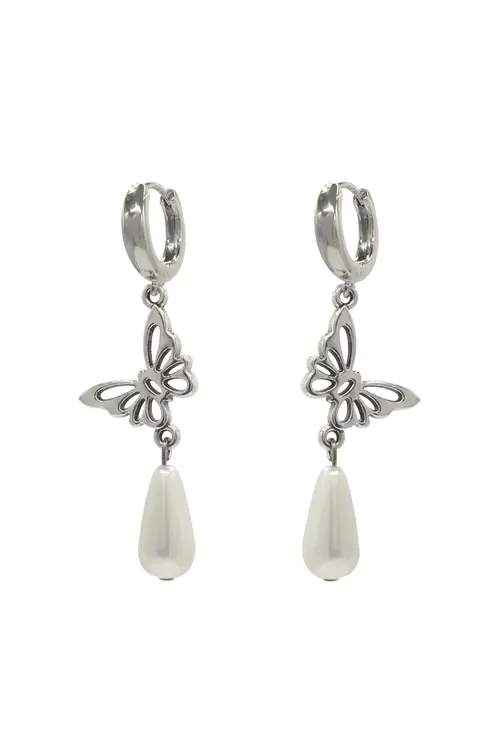 VELVET LUNA Pearl Dangle Huggie Earrings With Butterfly Charm - Silver