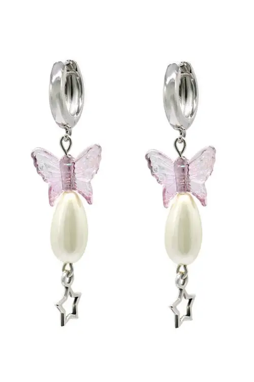VELVET LUNA Pearl Dangle Huggie Earrings With Butterfly Charm - Silver/pink