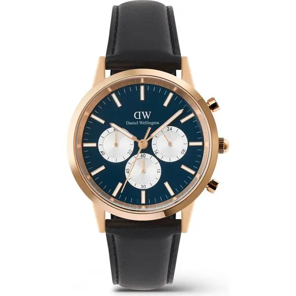 DANIEL WELLINGTON Iconic Chronograph Leather Strap Watch - Rose Gold