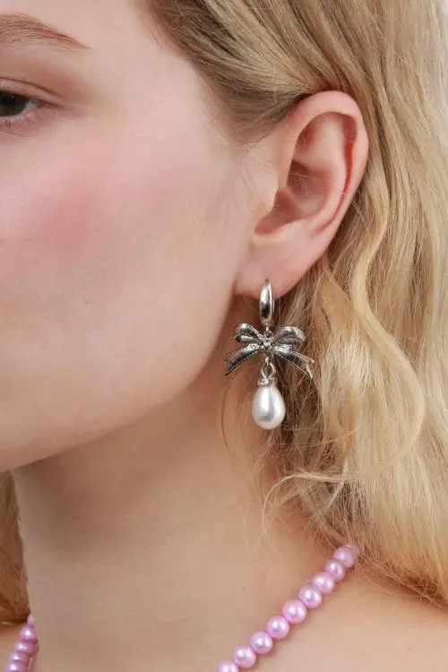 VELVET LUNA Bow Pearl Drop Huggie Earrings