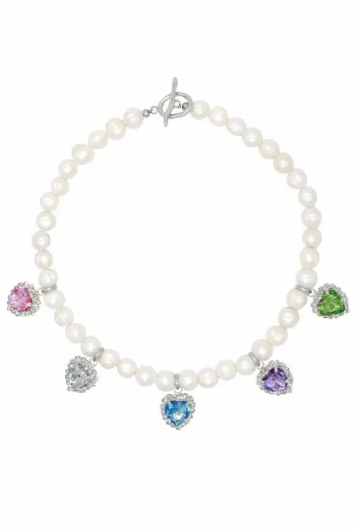 VELVET LUNA Freshwater Pearl Necklace With Heart Charms - Multi Colored
