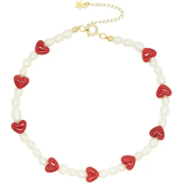 VELVET LUNA Pearl Choker With Ceramic Hearts - Red