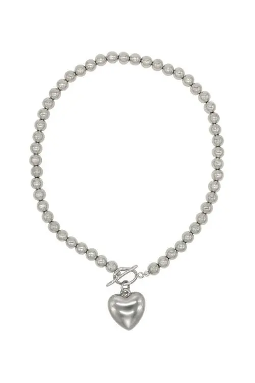 VELVET LUNA Hematite Necklace With Steel Heart Charm - Silver
