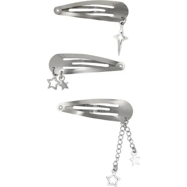 VELVET LUNA Steel Snap Hair Clips With Star Charms Set Of 3 - Silver