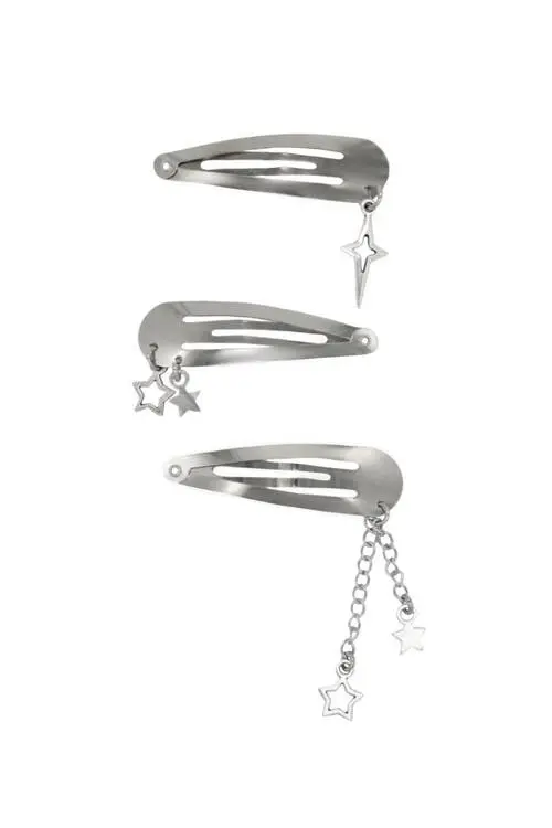 VELVET LUNA Steel Snap Hair Clips With Star Charms Set Of 3 - Silver