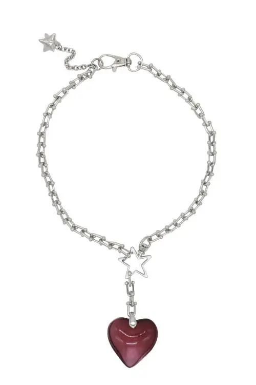 VELVET LUNA Steel Chain Necklace With Heart Charm - Red