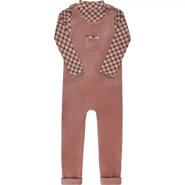 ELY'S & CO. Velour Plaid Bear Overalls And Turtleneck Set - Pink