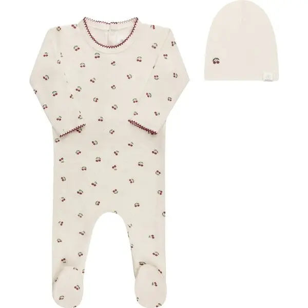 ELY'S & CO. Aurora Classics Modal Cherry Print Footie And Beanie Set - Ivory/red