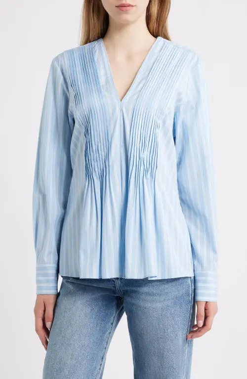 Rag & Bone Asher Stripe Pleated Cotton Blouse - Light Blue Stripe