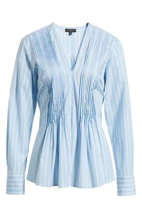 Rag & Bone Asher Stripe Pleated Cotton Blouse - Light Blue Stripe