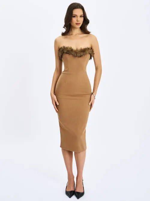 MISS CIRCLE NEW YORK Rayanne Strapless Fur-trimmed Maxi Dress - Chestnut