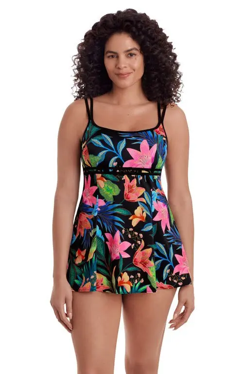 LONGITUDE Empire Princess Seam Long Torso Swim Dress - Midnight Black Plumeria