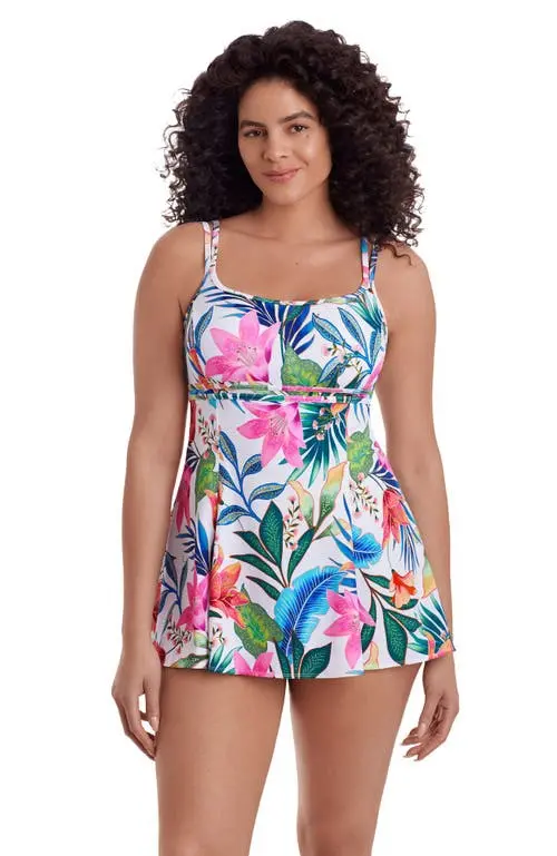 LONGITUDE Empire Princess Seam Long Torso Swim Dress - Midnight White Plumeria