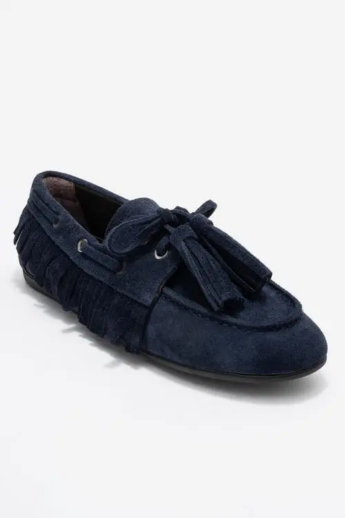 FOREVER & ALWAYS SHOES Fenora Leather Tassel Loafer - Navy Suede Leather