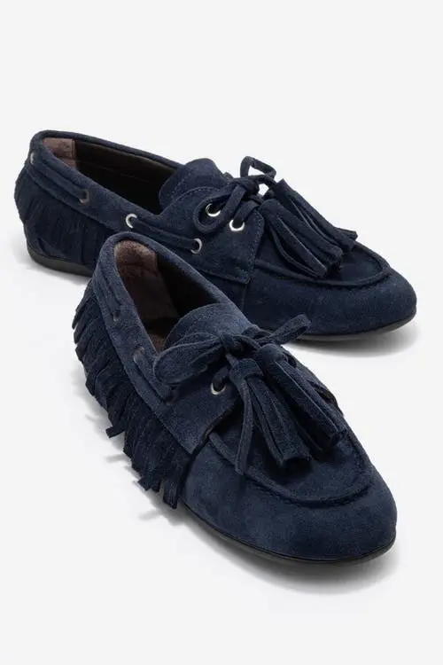 FOREVER & ALWAYS SHOES Fenora Leather Tassel Loafer - Navy Suede Leather