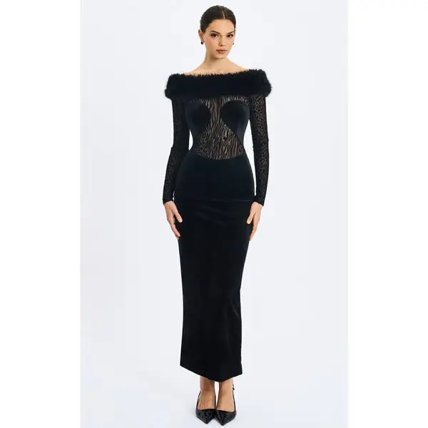 MISS CIRCLE NEW YORK Faux Fur Trimmed Velvet Maxi Dress - Black