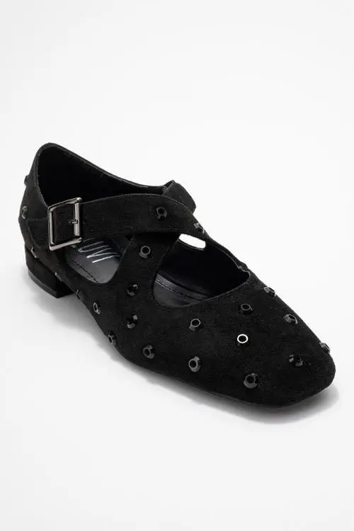 PROLOGUE SHOES Addison Cross Strap Mary Jane Shoes - Black Suede Faux Leather