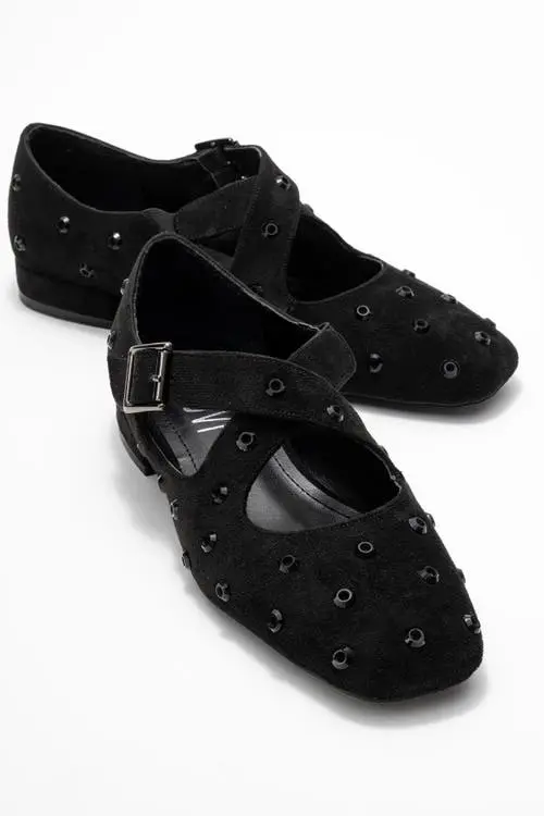 PROLOGUE SHOES Addison Cross Strap Mary Jane Shoes - Black Suede Faux Leather