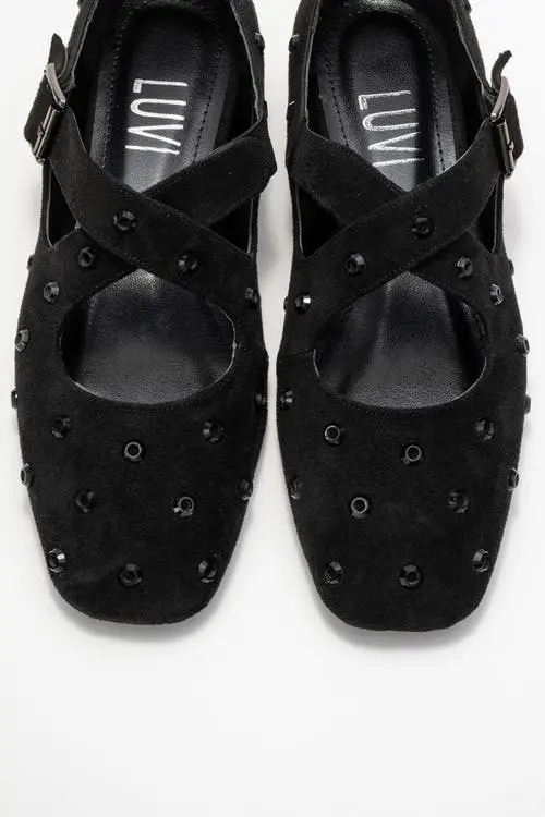 PROLOGUE SHOES Addison Cross Strap Mary Jane Shoes - Black Suede Faux Leather
