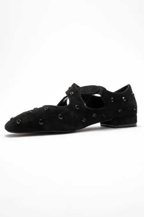 PROLOGUE SHOES Addison Cross Strap Mary Jane Shoes - Black Suede Faux Leather