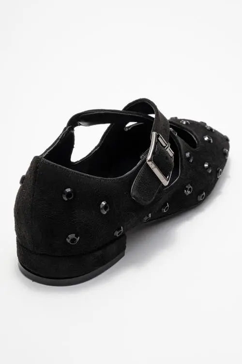 PROLOGUE SHOES Addison Cross Strap Mary Jane Shoes - Black Suede Faux Leather