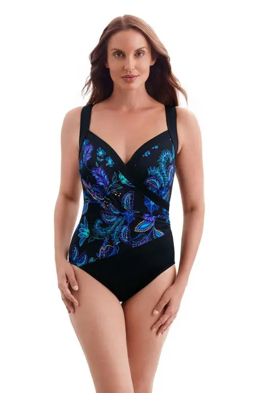 LONGITUDE Spliced Side Shirred Surplice Long Torso One-piece Swimsuit - Majorelle Garden