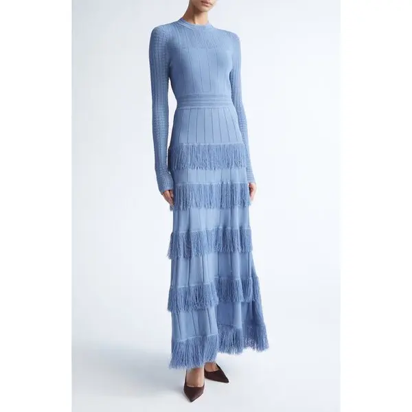 Lela Rose Piper Fringe Long-sleeve Sweater Dress