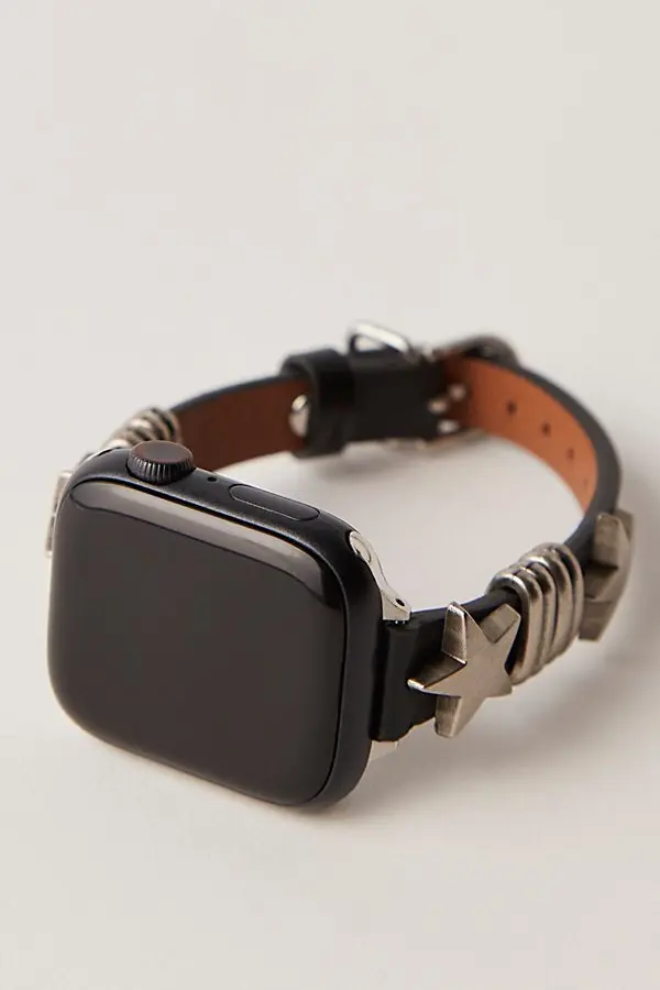 Free People Leather Apple Watch Band With Star Hardware - Black