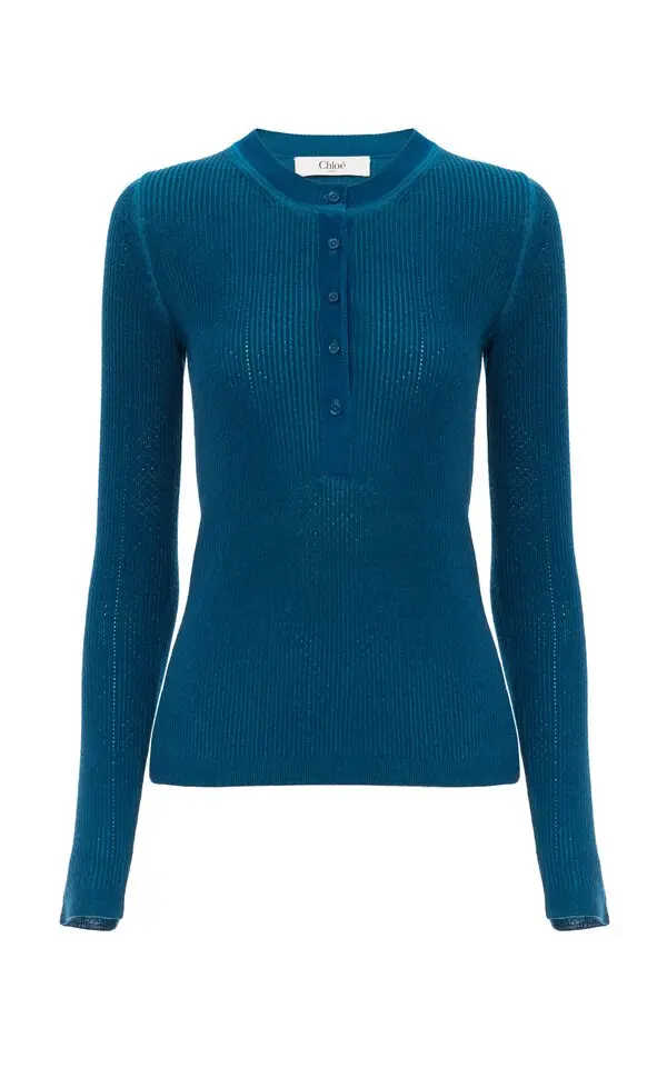 Chloé Wool-blend Knit Henley Shirt - Blue